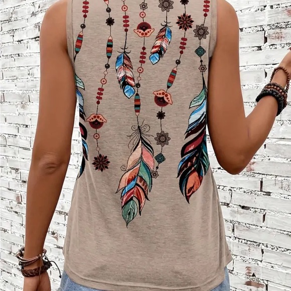Tops | Feather Print Crew Neck Tank Top | Poshmark